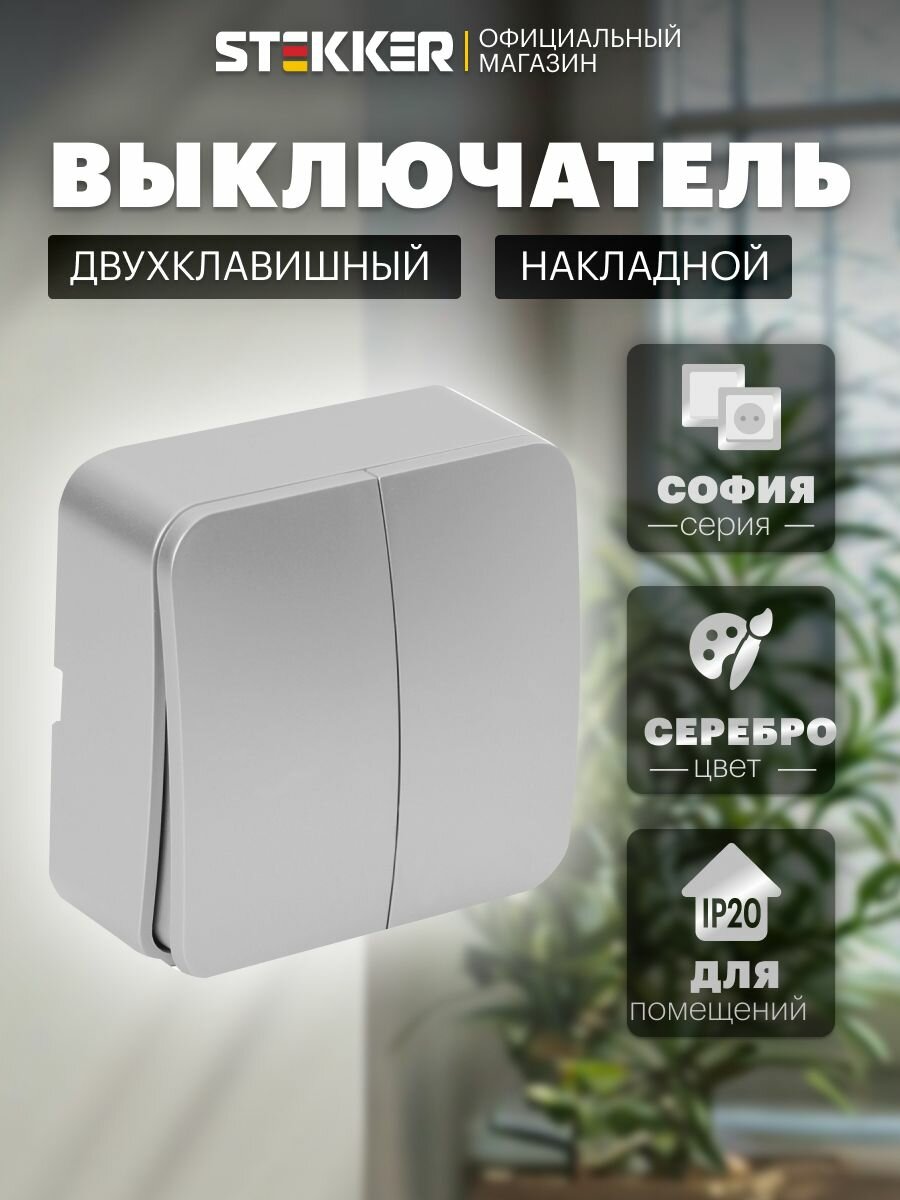 Выключатель двухклавишный накладной, серебро, Stekker MSW10-20-03 София 49297