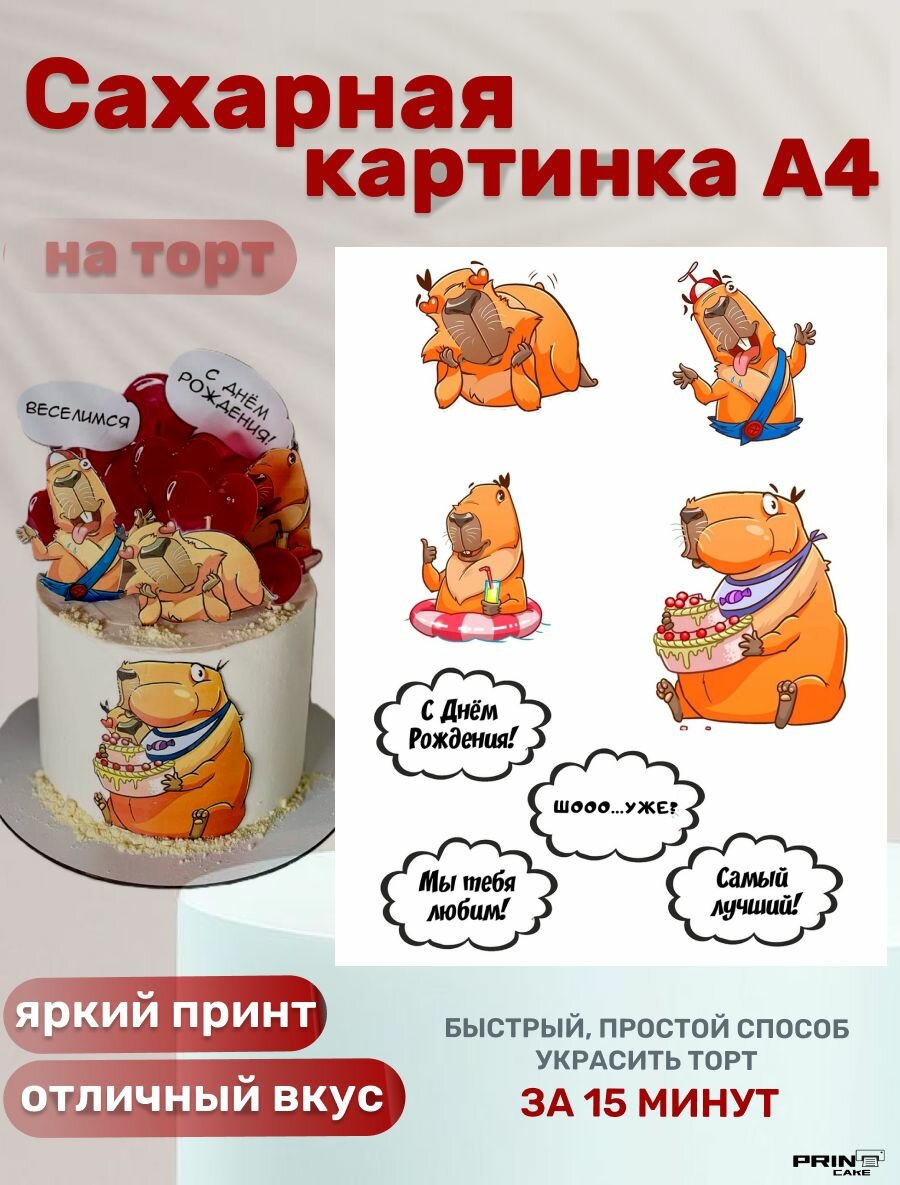Сахарная картинка для торта Капибара на день рождения. Декор для выпечки, украшения для торта.