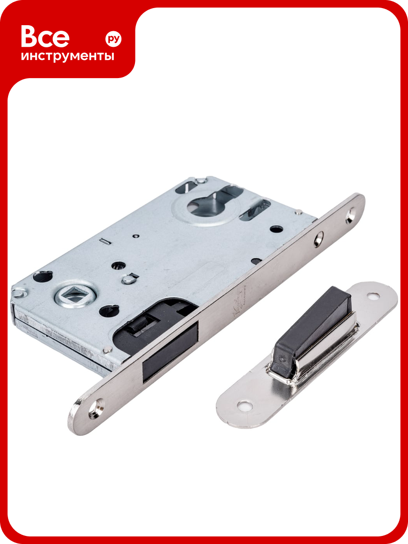 Замок под цилиндр магнитный матовый никель Вантаж, врезной тип межкомнатных дверей, с планкой и крепежом