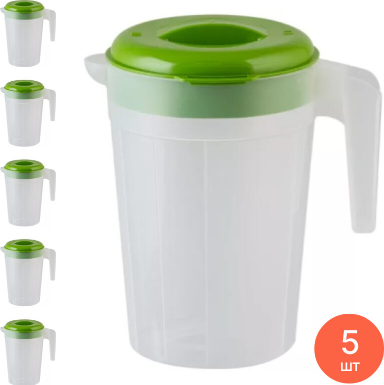Кувшин для воды Полимербыт с крышкой, пищевой пластик зеленый 2.5л / графин для напитков / посуда для кухни (комплект из 5 шт)