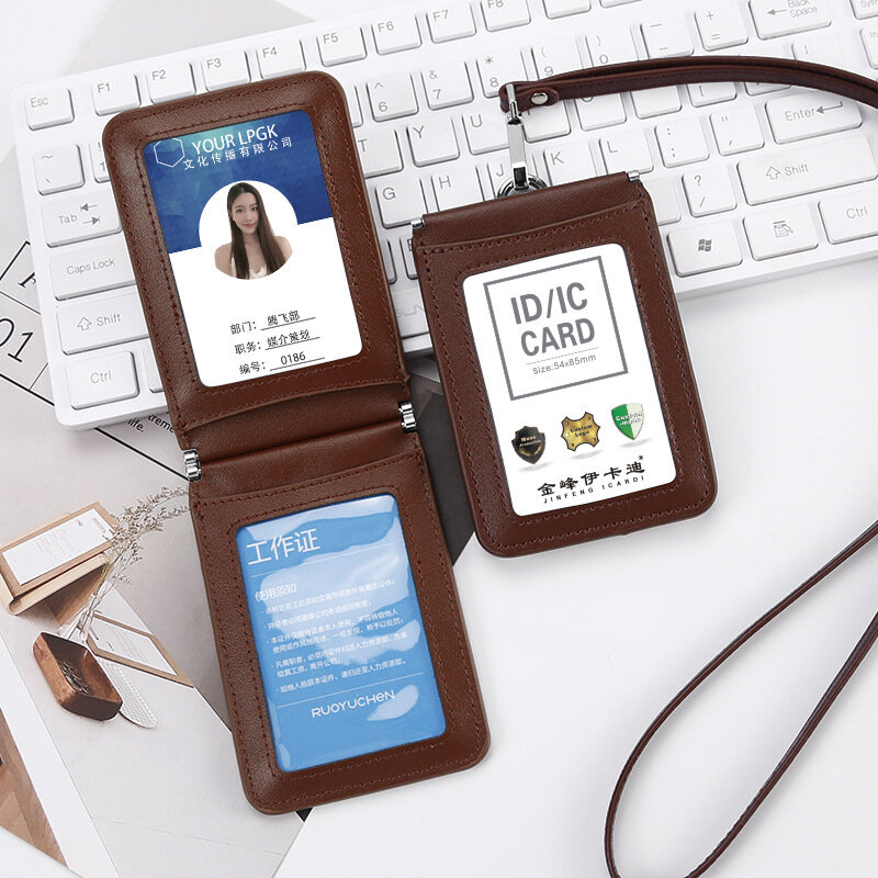 Премиум-держатель для рабочего удостоверения с ремешком, складной студенческий бейдж, карта питания, проездной билет, карта доступа, серебристый кожаный чехол.