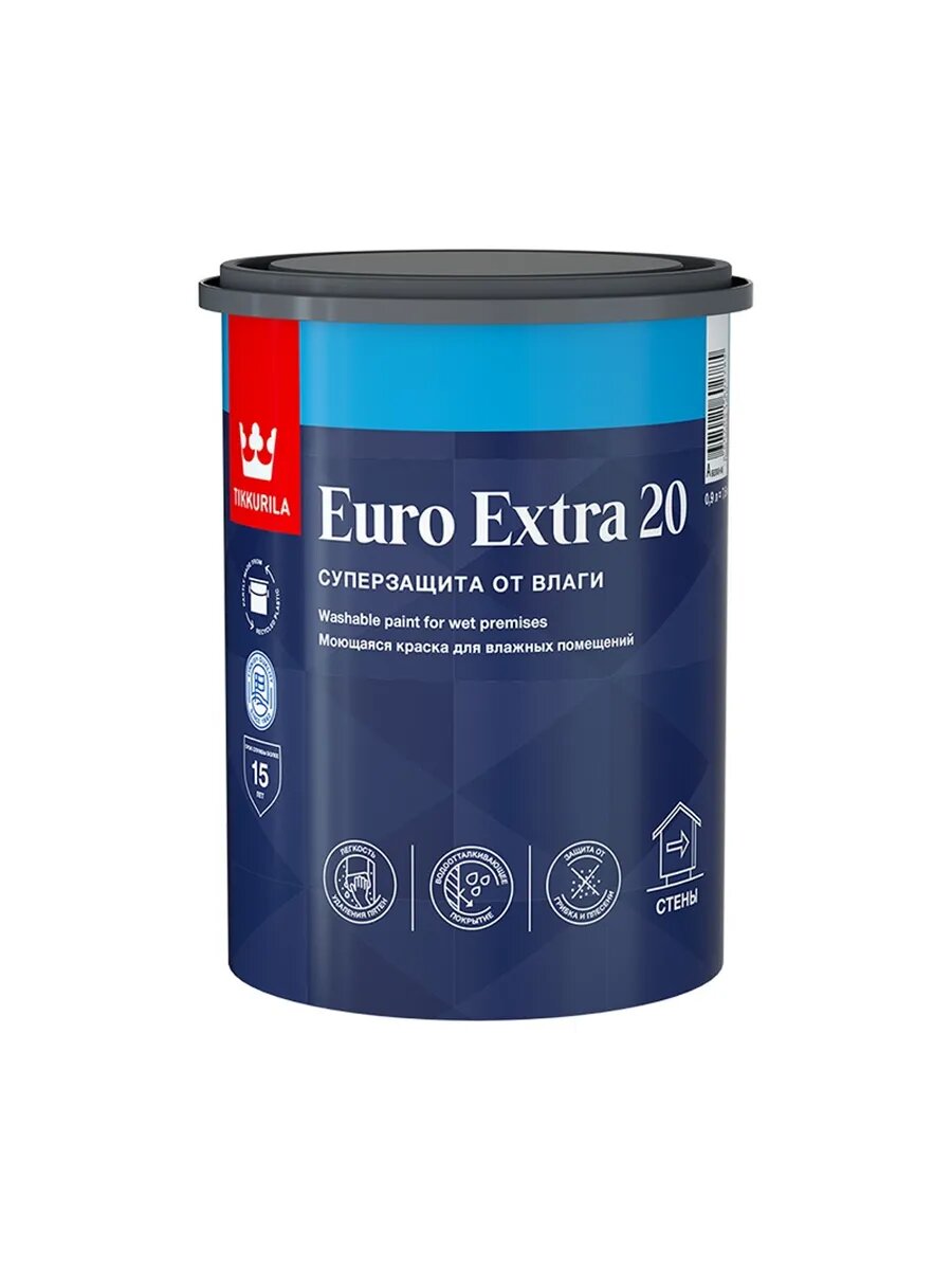 Краска Tikkurila Euro Extra, водоэмульсионная, влагостойкая, белая, 0,9л