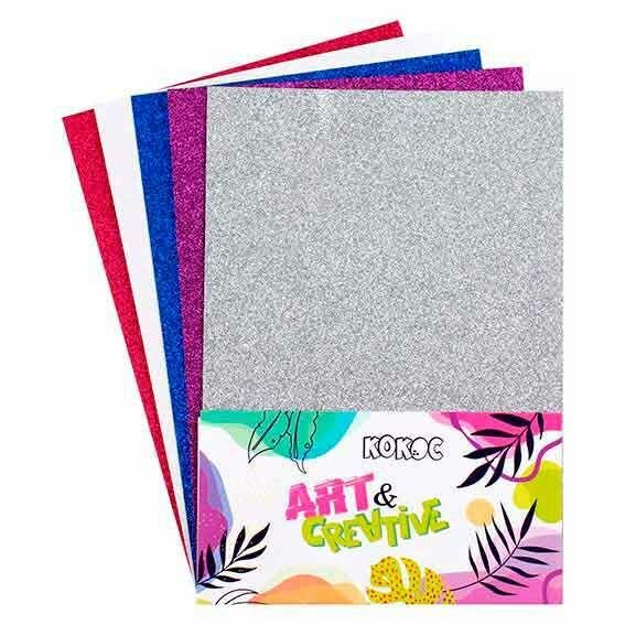 Бумага цветная кокос с блёстками, А4, 5 л, 5 цветов, в пакете