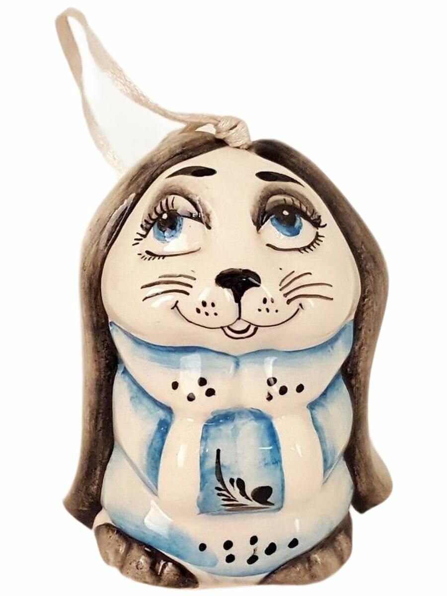 Сувенир керамический, Колокольчик "Зайчиха ушастая" майолика-1, ручная работа
