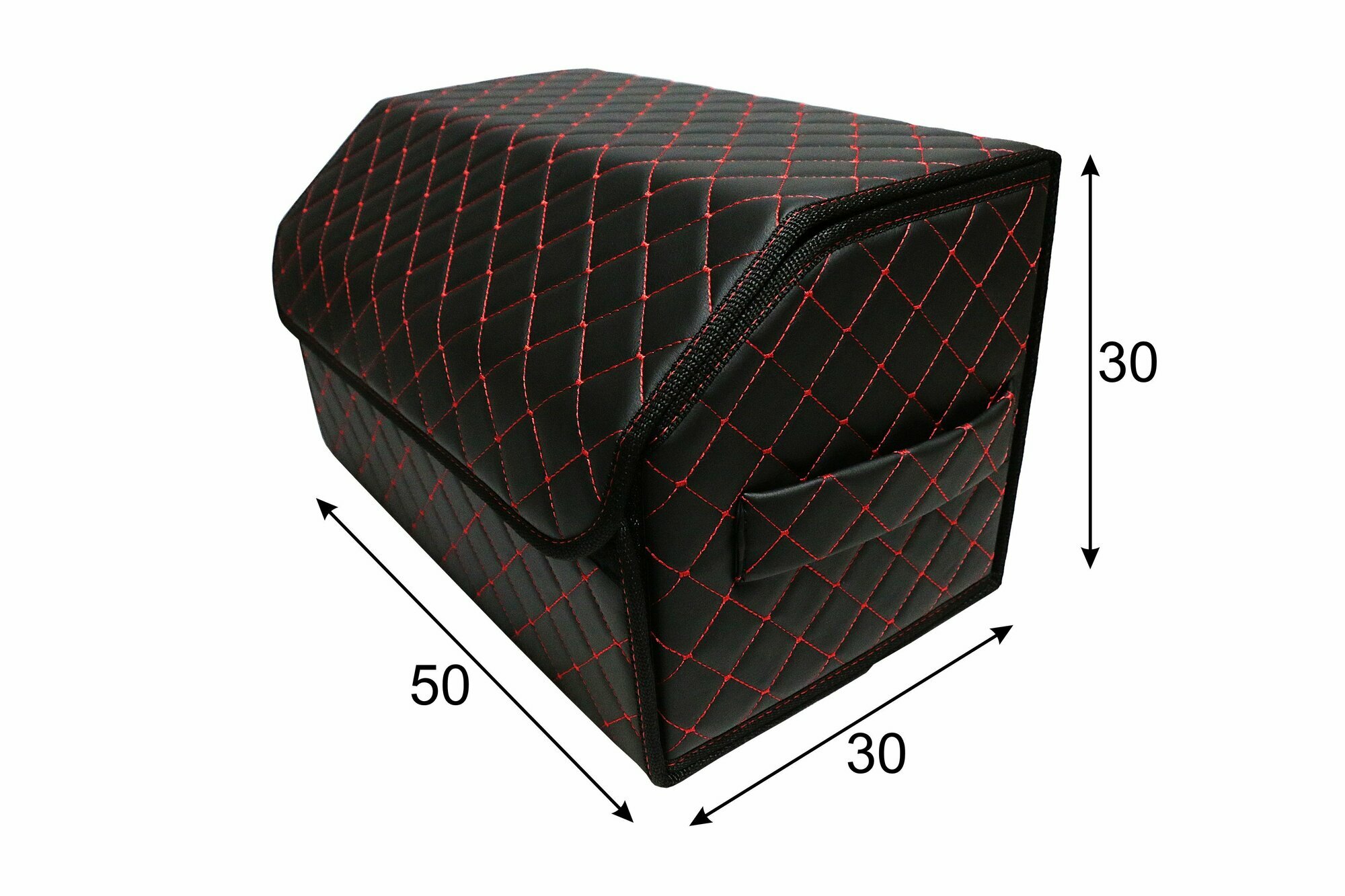 Органайзер в багажник 50 см, 50*30*30 см, бокс в багажник авто, рисунок сложный квадрат черный/ строчка красная/ кофр