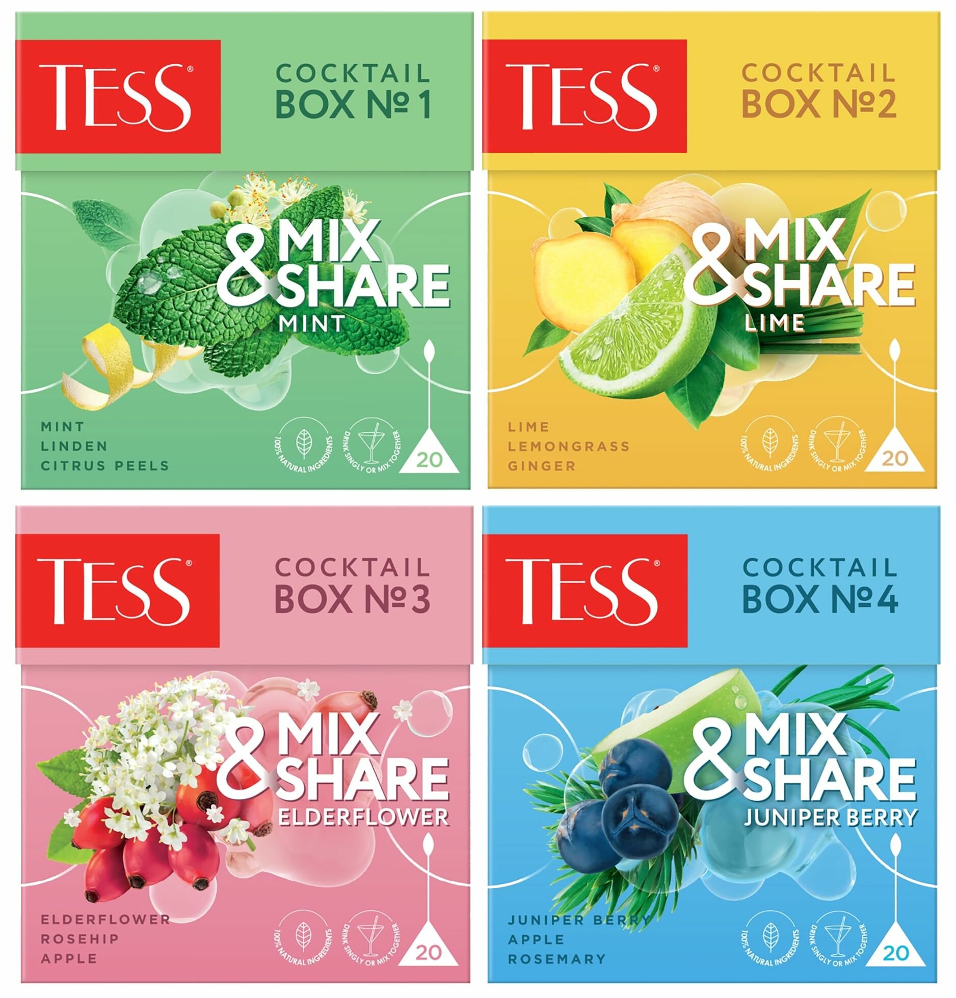 Чайный напиток в пирамидках Tess Cocktail Box набор из 4х видов по 20 пакетиков