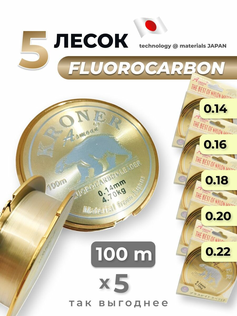 Леска рыболовная флюрокарбон 100 м, 5 шт.