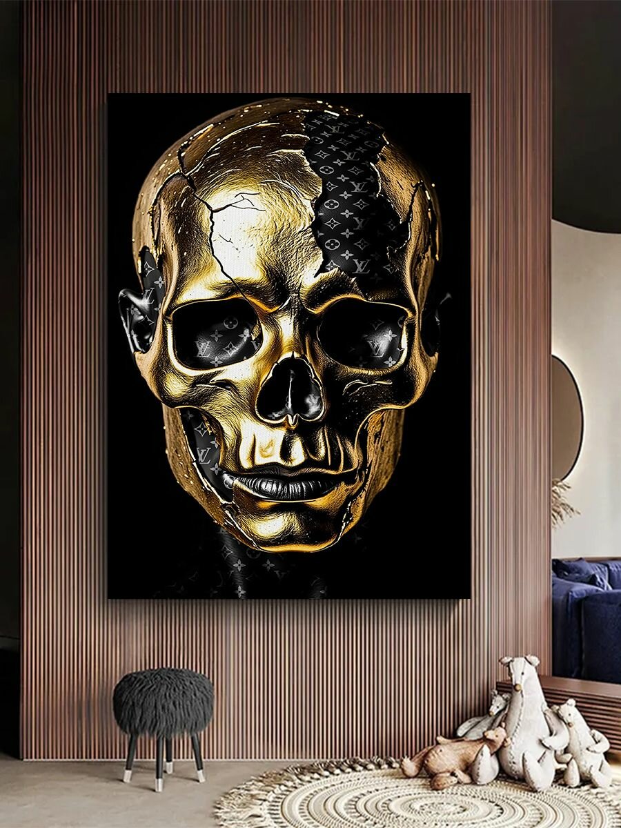 Вертикальная картина на стену - "Череп Louis Vuitton / Черно-золотой" , 50х70 см.