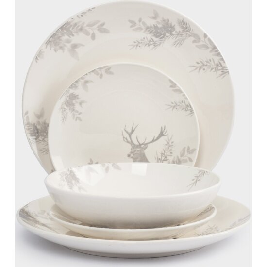 Сервиз обеденный Anna Lafarg Maral grey Олень и шишки 18 предметов, на 6 персон, керамика (ANLAF-SDH1327)