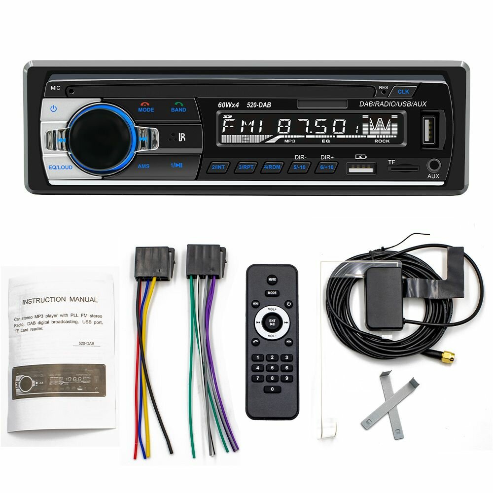 Автомобильная магнитола с mp3-плеером, bluetooth, 1din, dab, fm, am, usb, aux