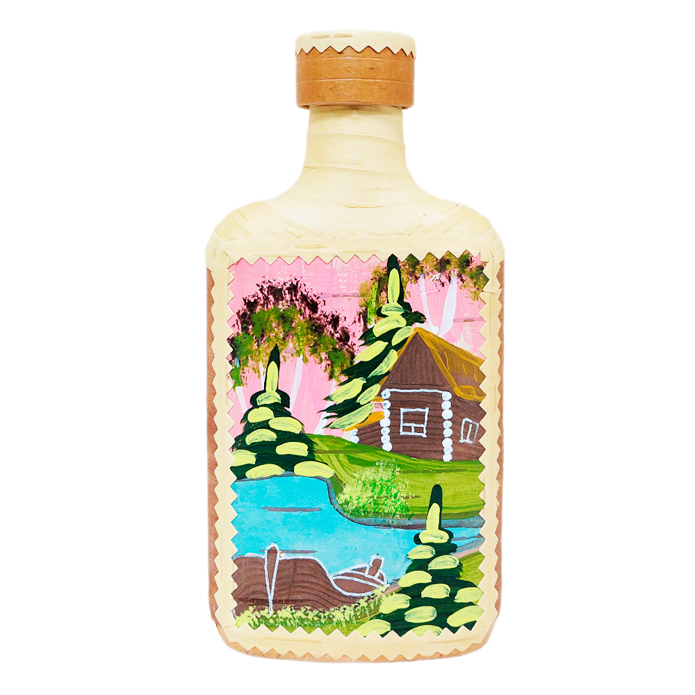 Бутылка стеклянная, декорированная берестой, расписная "Лето", 250мл.