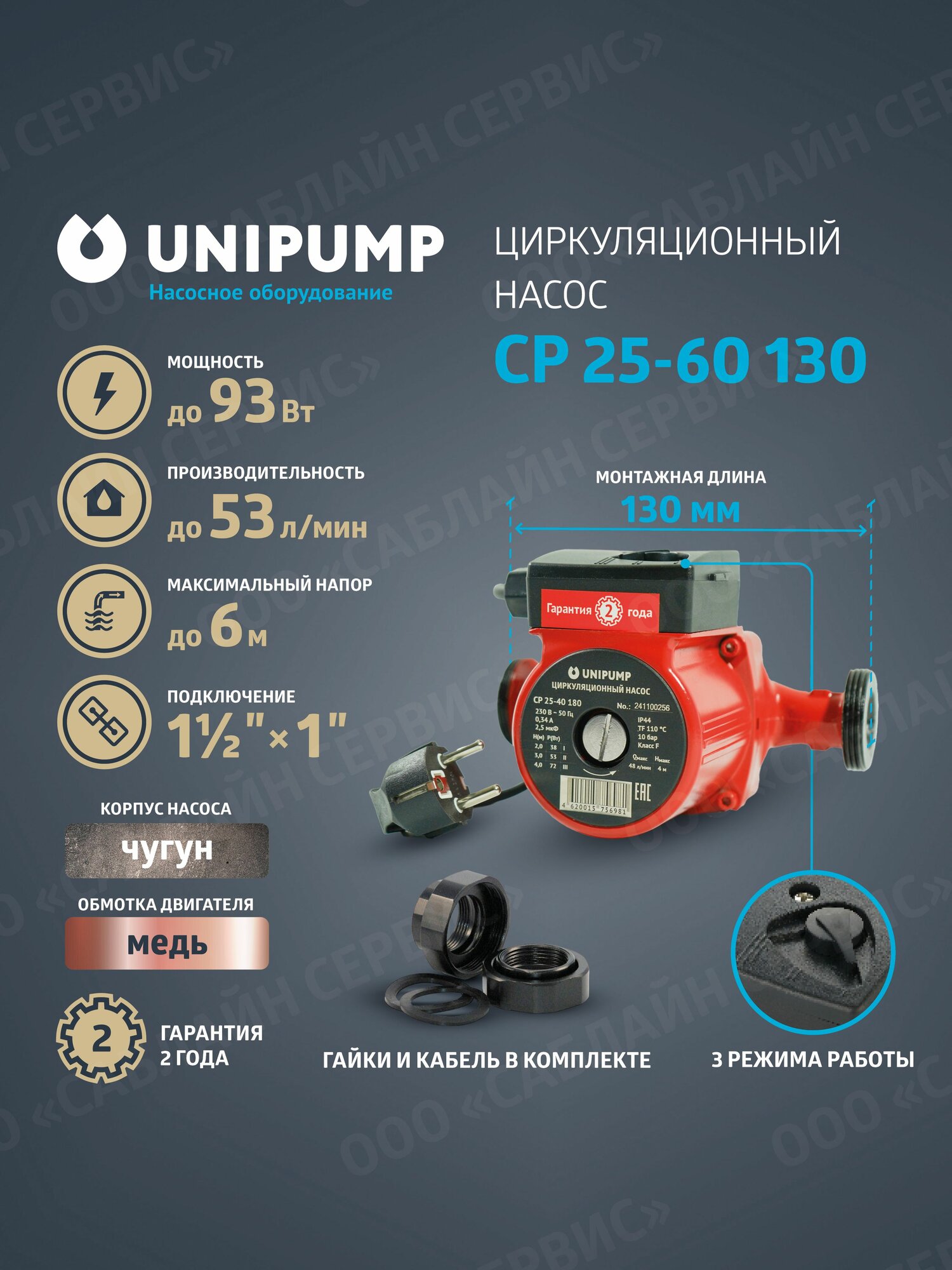 Циркуляционный насос UNIPUMP CP 25-60 130, 53 л/мин (для отопления, для водоснабжения)