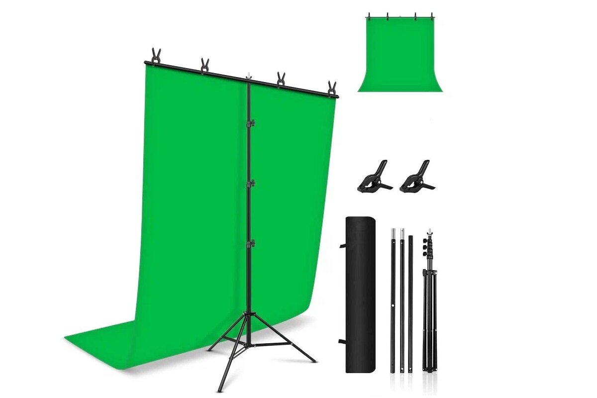 Зелёный Хромакей и Стойка Т-образная, система установки фона 1,5х2м с зелёным фотофоном 1,5х2м плотным. Комплект