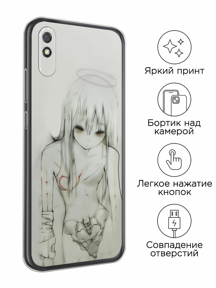 Чехол на Xiaomi Redmi 9A / Сяоми Редми 9А с принтом "Аниме рисунок чёрно-белый" — фото 1