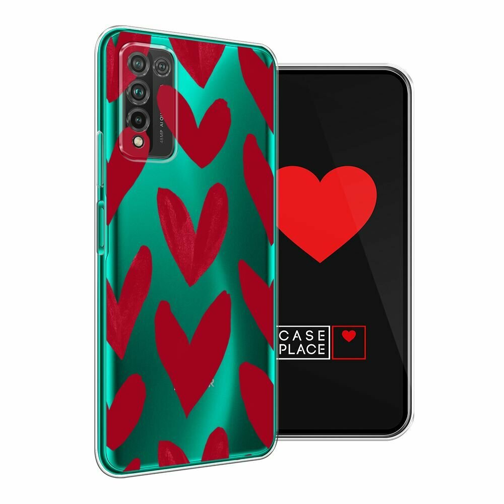 Чехол на Honor 10X Lite / Хонор 10X Лайт с принтом "Красные сердечки рисунок - 14 февраля", прозрачный — фото 1