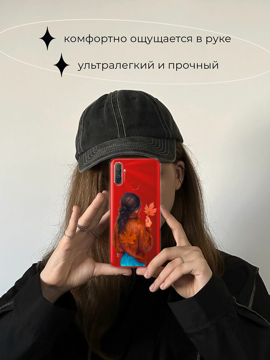 Чехол на Realme C3 / Реалми C3 с принтом "Девушка с опавшим листом", прозрачный — фото 1