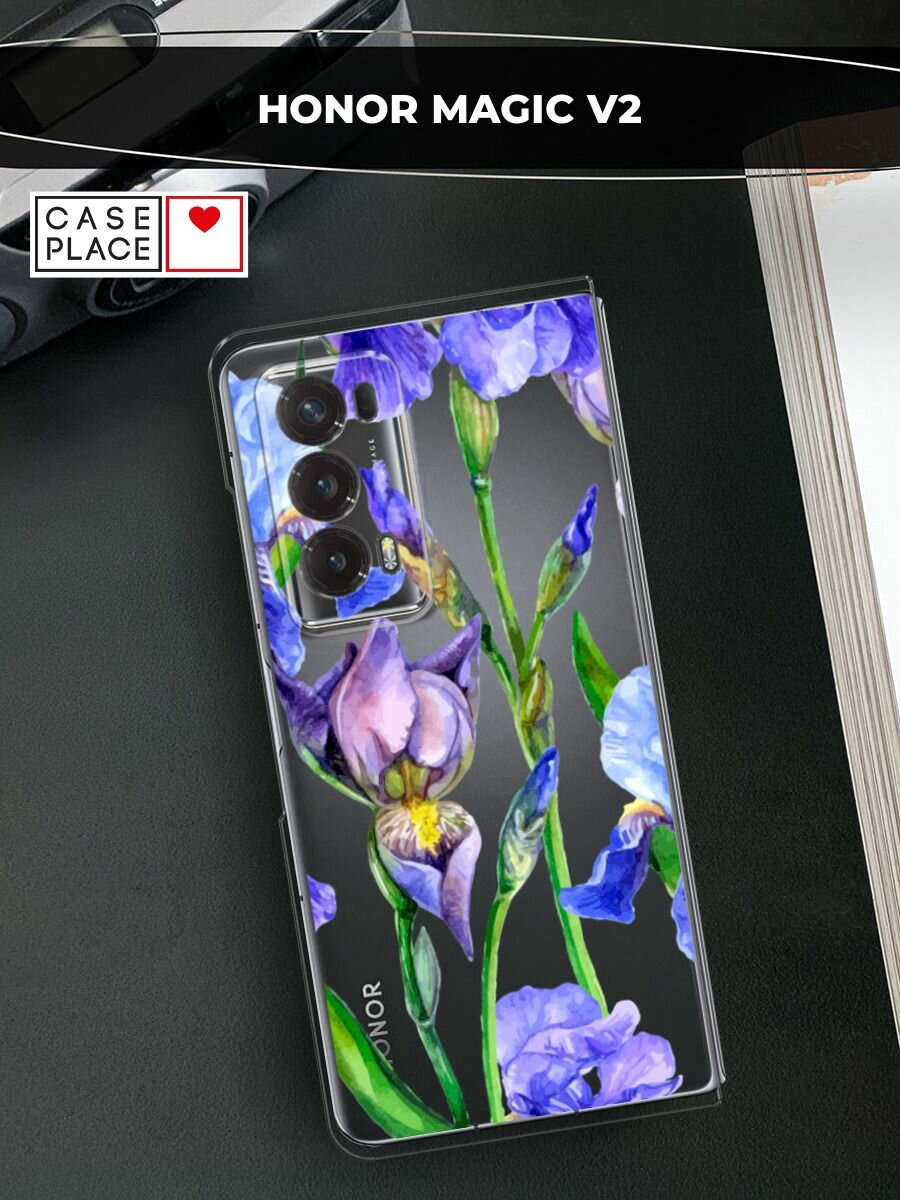 Чехол на Honor Magic V2 / Хонор Меджик V2 с принтом "Синие ирисы", прозрачный
