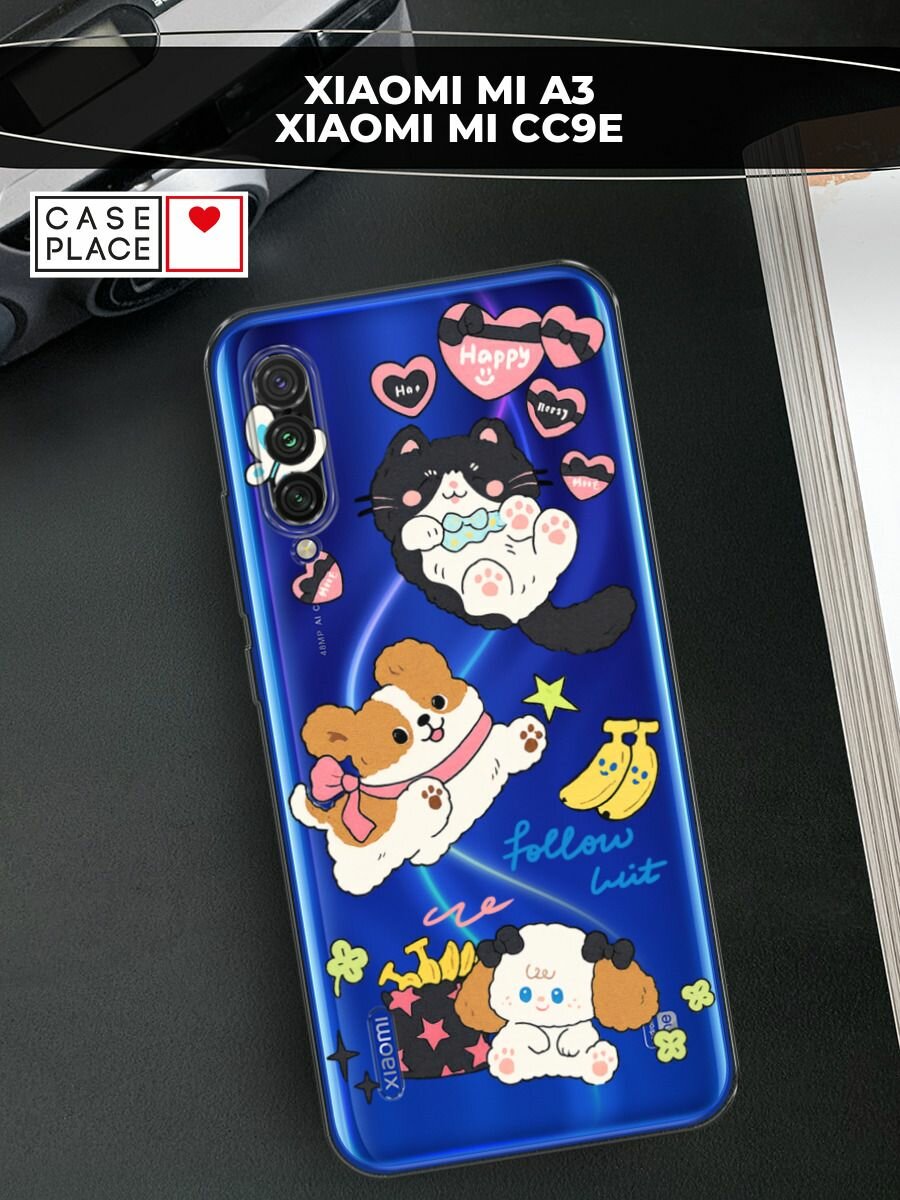 Чехол на Xiaomi Mi CC9E/Mi A3 / Сяоми Mi CC9E/Mi A3 с принтом "Кудрявые животные", прозрачный