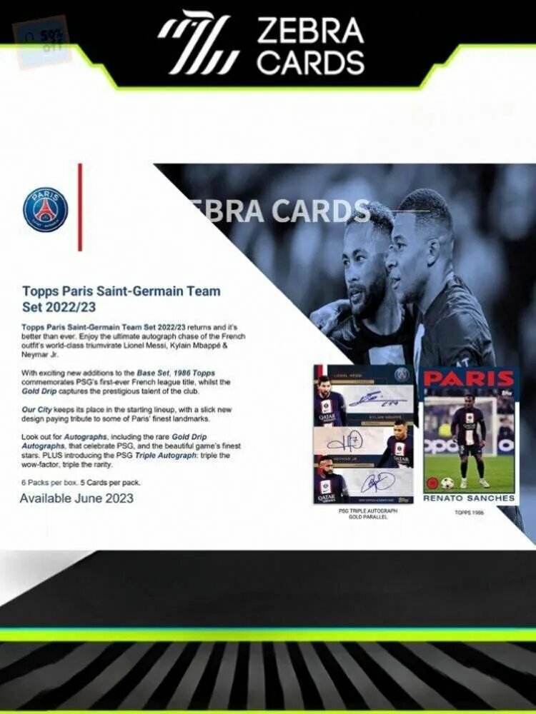 2022/23 Topps Paris Saint-Germain Team Set Лиги чемпионов - содержит 6 упаковки (30 карточек)