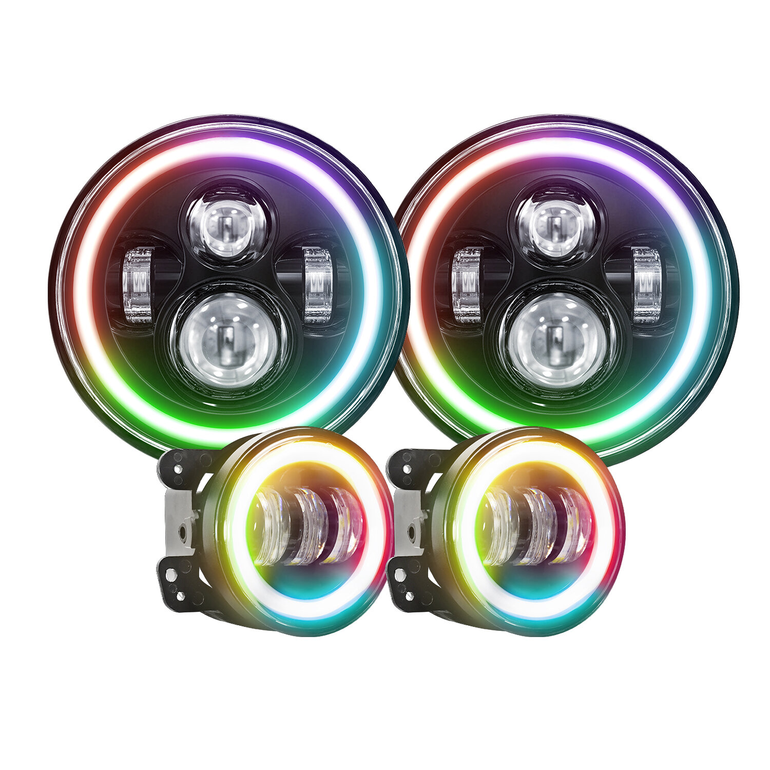 7' LED фары и 4' противотуманные фары, Круглая комплект фар и противотуманных фар с дальним/ближним лучом DRL для замены на Jeep Wrangler JK Dodge Chrysler, 2 штуки фары, 2 штуки противотуманные фары, черный цвет, 6000K, IP67, 140W/14000LM (дальний