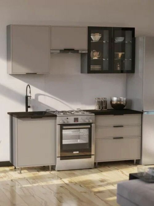 Кухонный гарнитур Николь 2м холст латте/корпус графит со столешницей миф