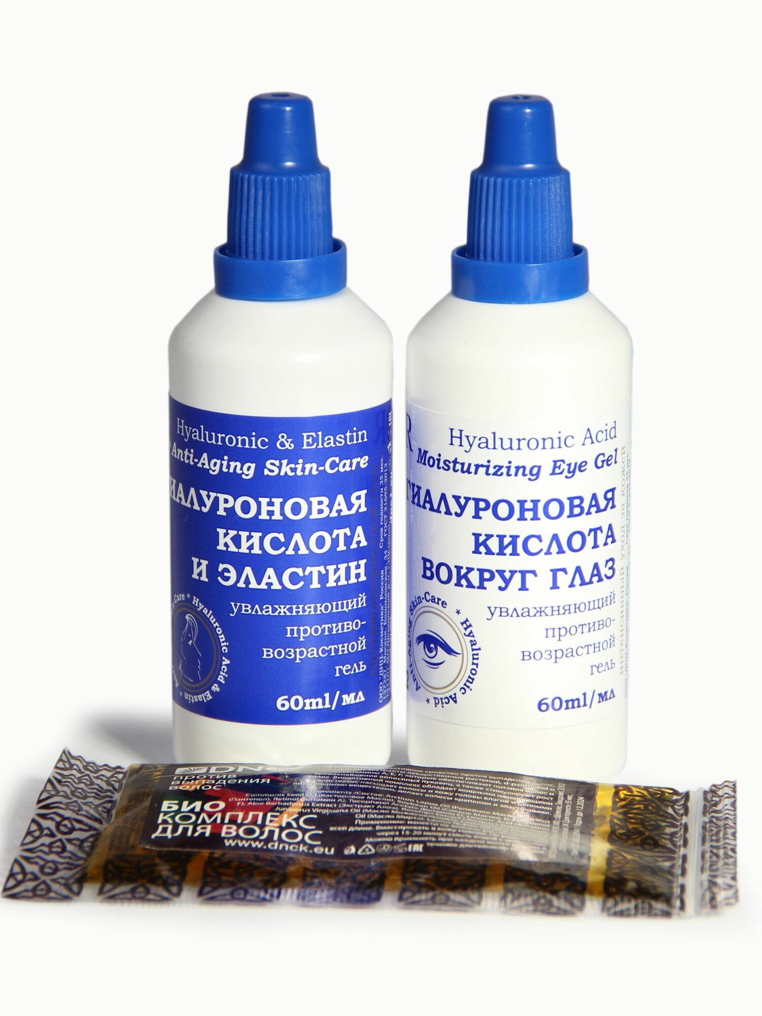 L'Or Гиалуроновая Кислота и Эластин 60 мл, Гиалуроновая кислота для области вокруг глаз 60 мл и Презент Масло для волос