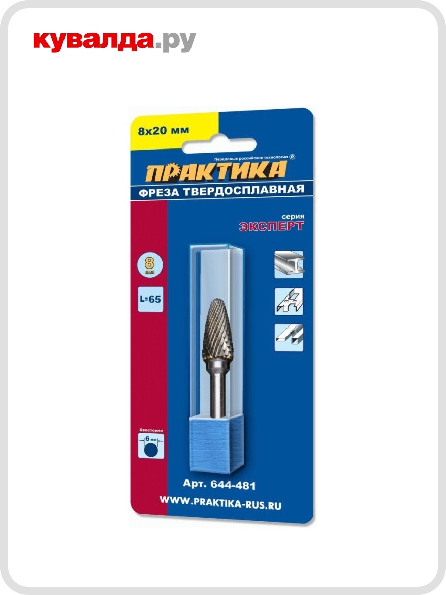 Бор-фреза по металлу ПРАКТИКА форма F парабола с зак. головой 8,0*20,0/65,0 хв. 6 мм 644-481