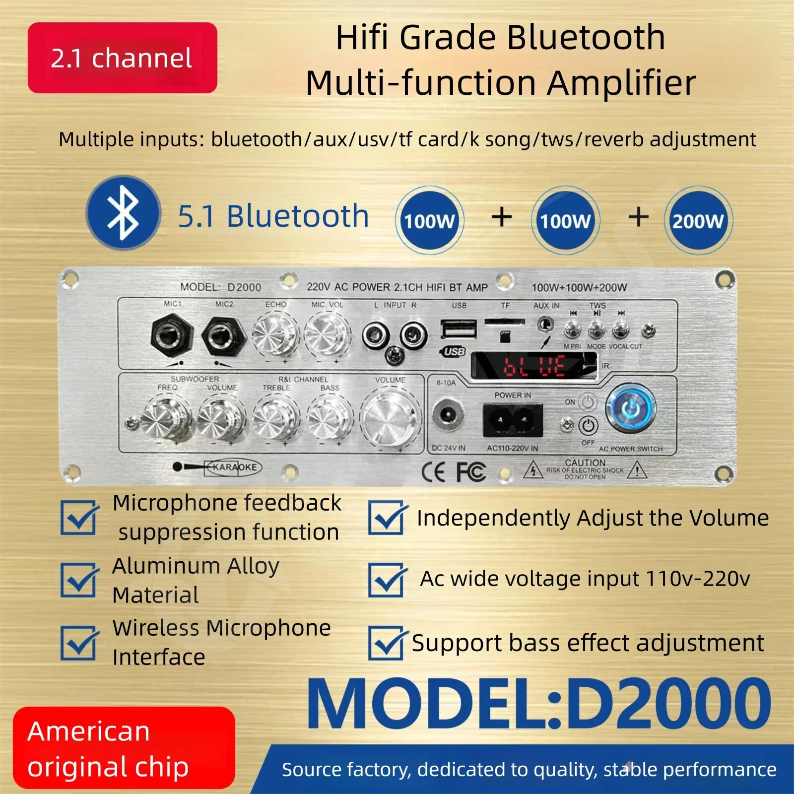 Аудиоусилитель 2.1ch 100Вт+100Вт+200Вт Bluetooth, EU Plug — фото 1