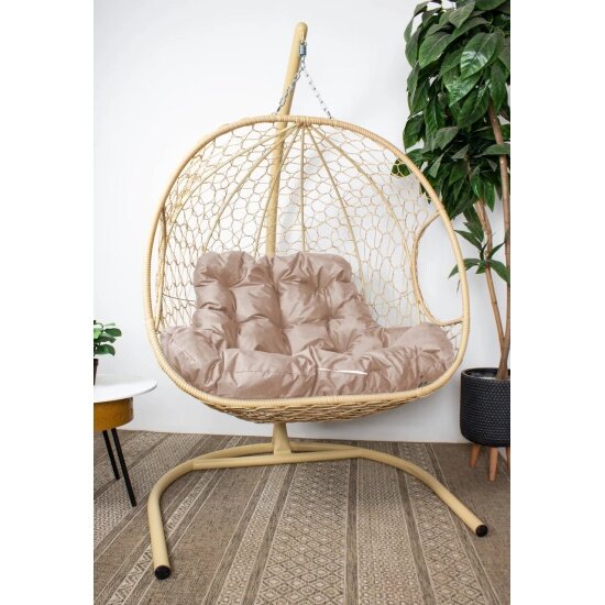 Подвесное кресло M-group для двоих с ротангом бежевое, бежевая подушка