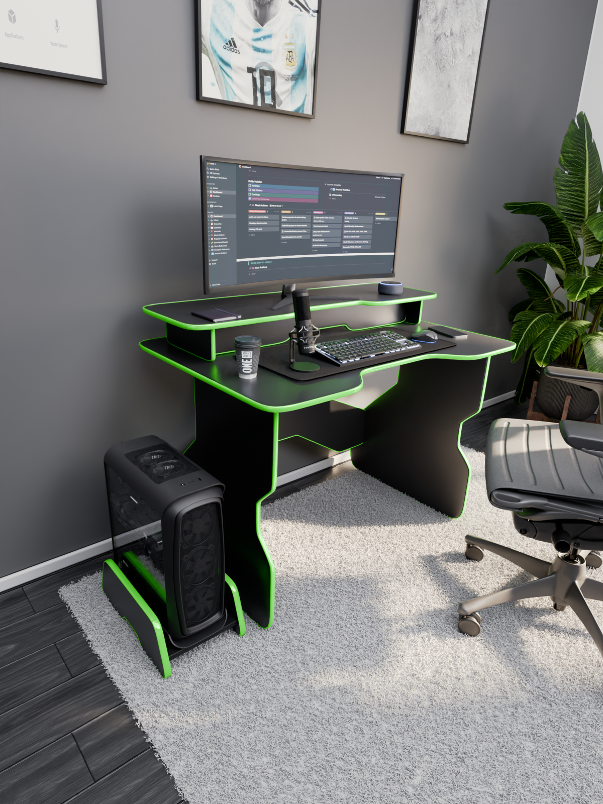 Игровой компьютерный стол для геймера черный с кислотно желтой окантовкой с полкой под монитор 106х73х75