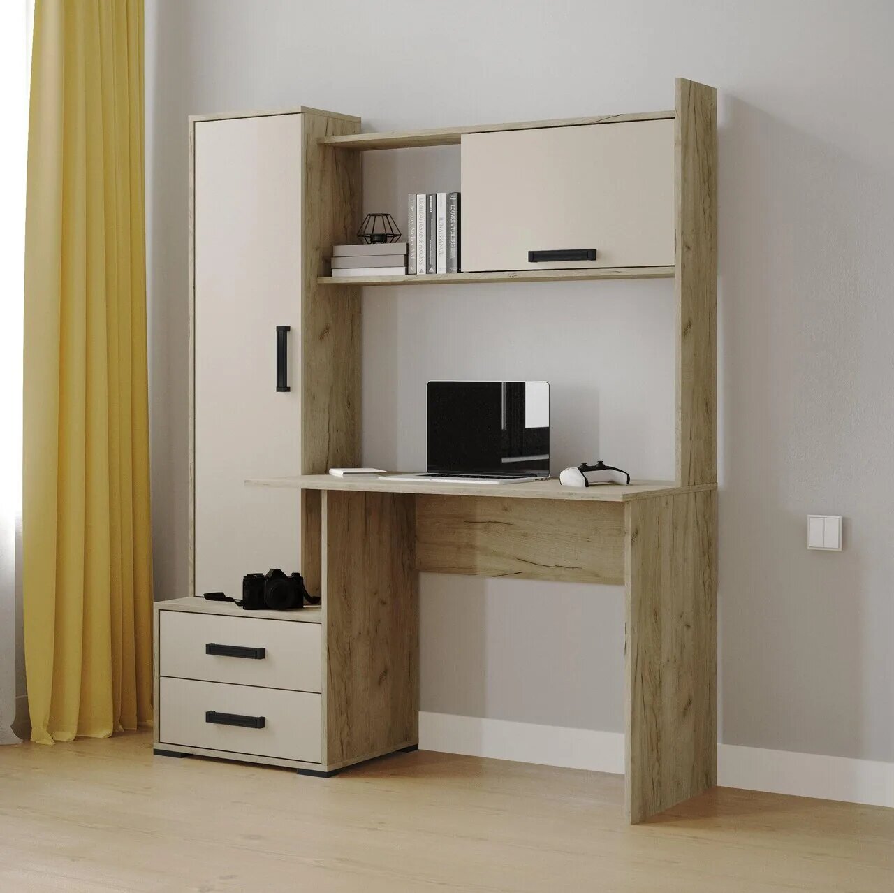 Стол компьютерный с надстройкой, ящиками и пеналом «Квартет-9» ЛДСП (Дуб крафт серый/Кашемир) 140х55х172