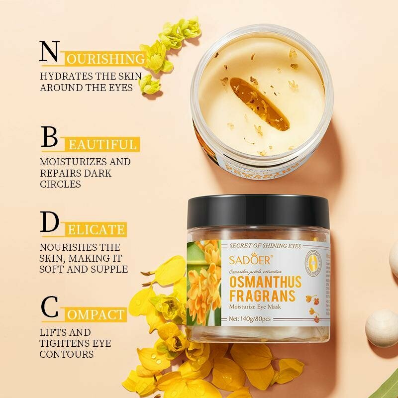 Патчи тканевые антивозрастные для глаз от отеков, мешков, синяков, темных кругов, морщин Sadoer / Набор патчей османтус уход за лицом / Витаминные увлажняющие одноразовые маски с гиалуроновой кислотой