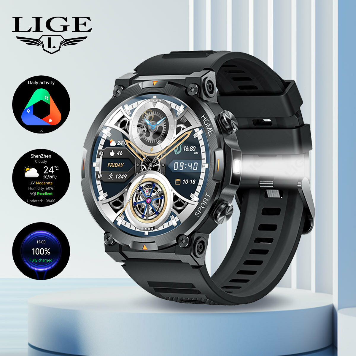 Умные часы LIGE с Bluetooth, мониторингом сна, пульса и давления, BW0737, Лента черный корпус