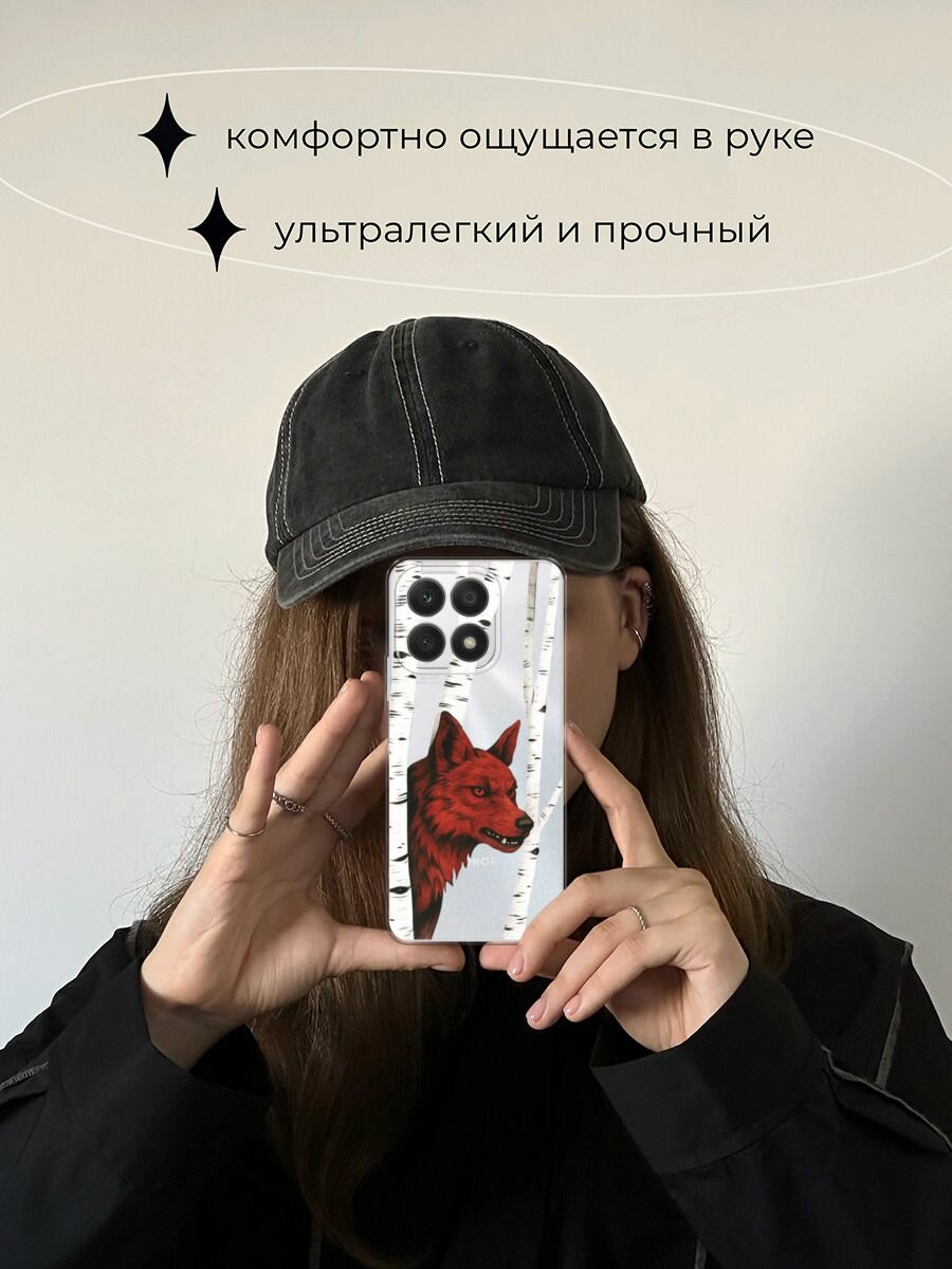 Чехол на Honor X8A / Хонор X8A с принтом Красный волк, прозрачный — фото 1