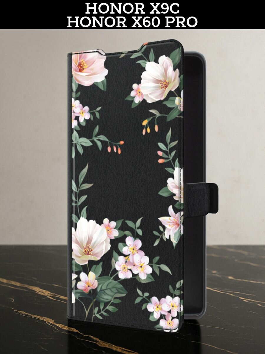 Чехол-книжка на Honor X9C / Honor X60 Pro (Хонор Х9С / Хонор Х60 Про) с картой и принтом "Beautiful white flowers"