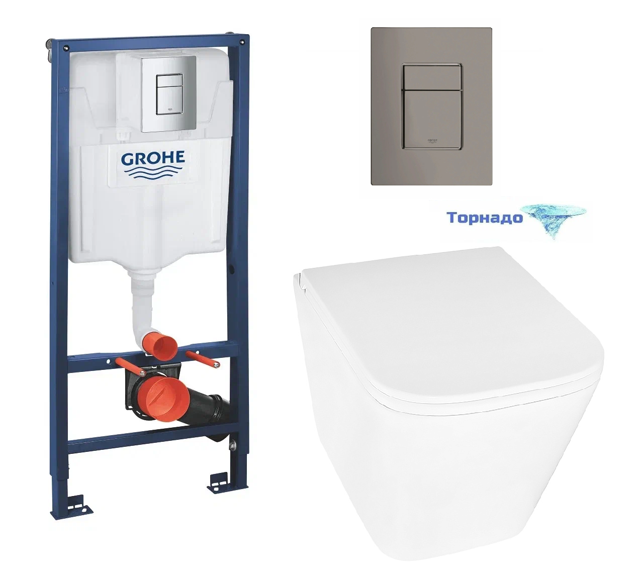 Комплект ПЭК подвесной унитаз (система смыва торнадо) с быстросъемным сиденьем микролифт и инсталляцией GROHE Rapid SL 38772001 с квадратной кнопкой оружейная сталь (графит) 38732A00