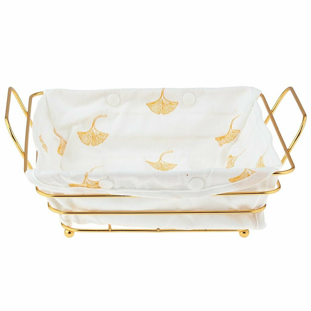 Корзина-сухарница КНР металлическая, окрашенная "Мечта", 22,5х22,5 см, высота 7 см, толщина 3 мм, форма "квадратная" с ручками, на ножках, чехол хлопок на кнопках, цвет золотой (S007X)