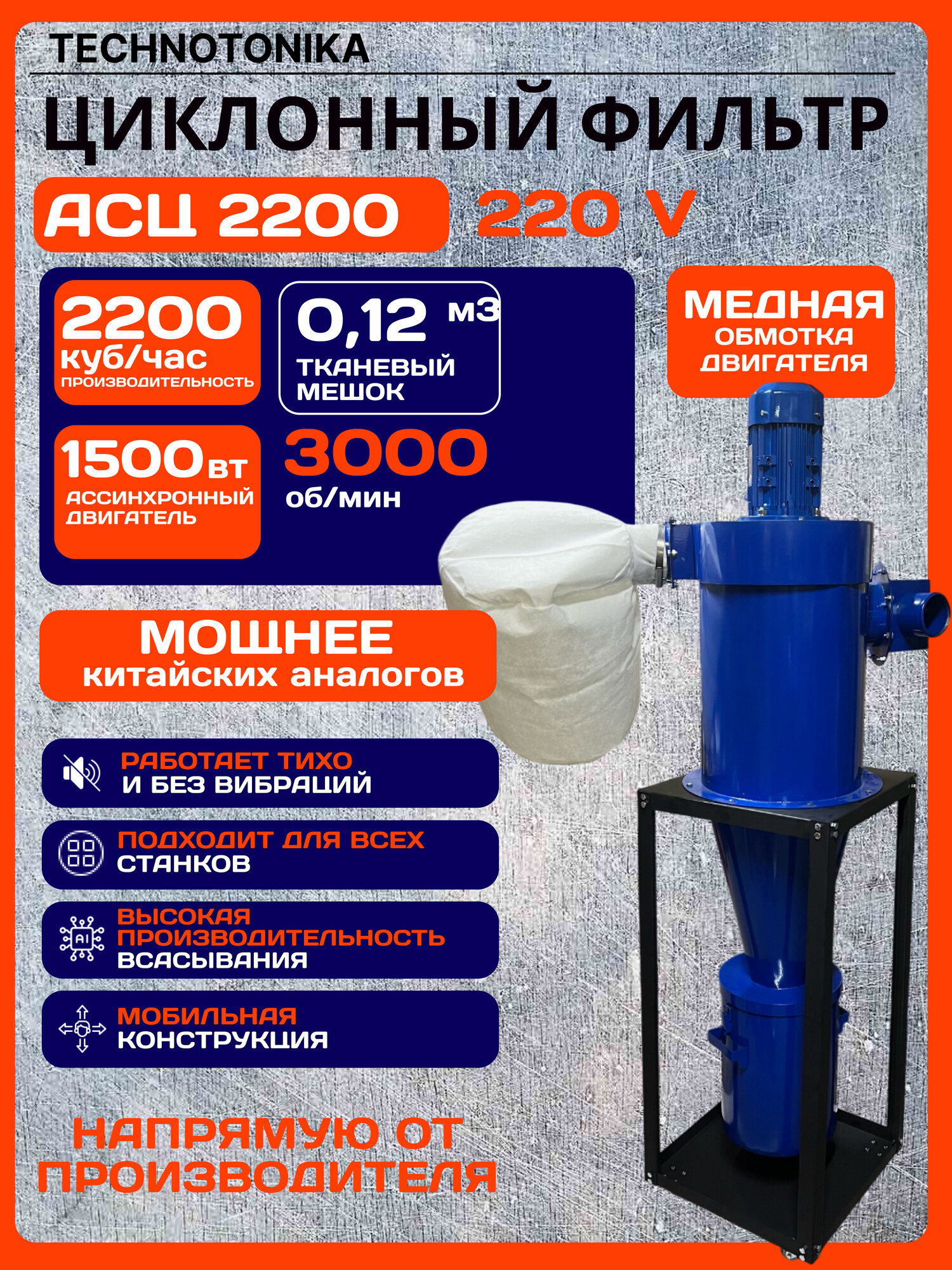 Циклон фильтр (стружкоотсос) TECHNOTONIKA АСЦ-2200 1.5 кВт 220v