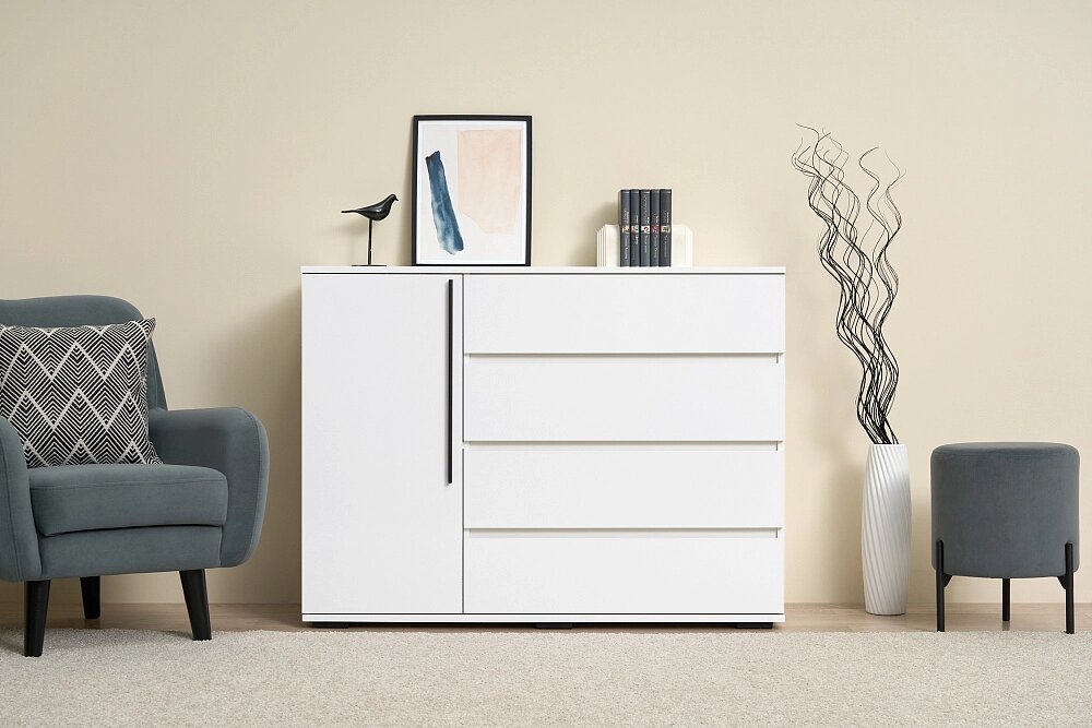 Комод для вещей 1 дверь 4 ящика 1 полка Норд, 120х90х45 см, Белый/Белый глянец