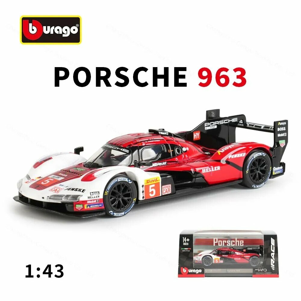 Bburago 1:43 Porsche 963 Статическая литая под давлением модель гоночного автомобиля Игрушки