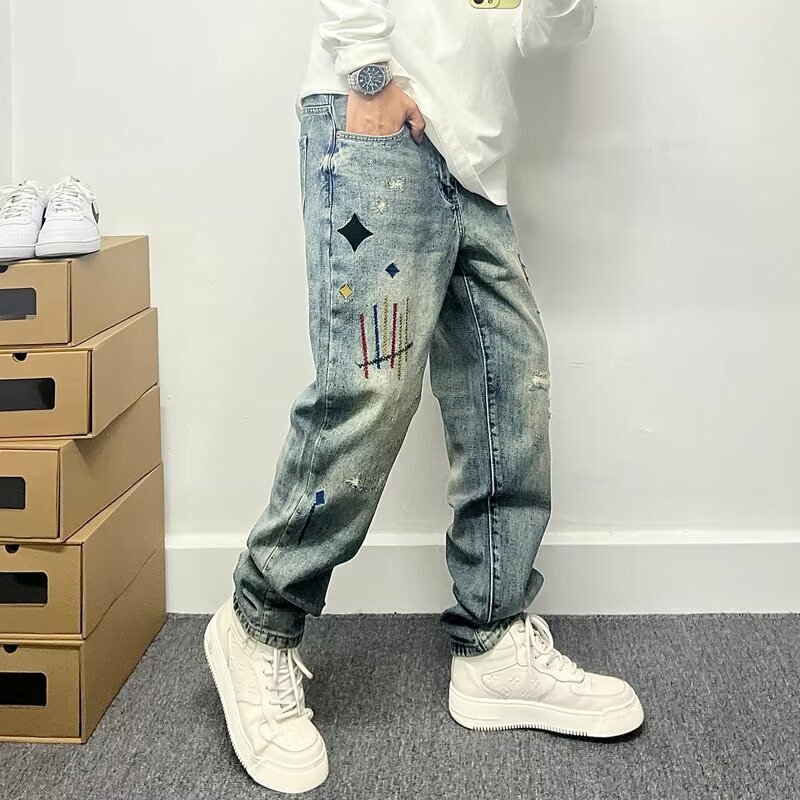 Тренд RONG CH Мужские Джинсы Потертые Бродячие Вышивка Слим Тейперд Деним, Размер_29