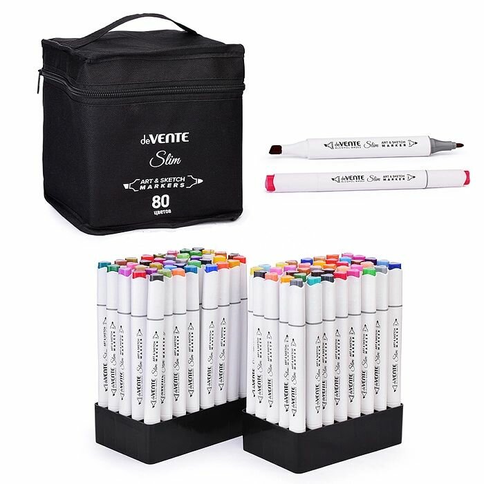 Набор двусторонних маркеров для скетчинга DeVente "Slim", 80 цв, основные цвета, трехгранные