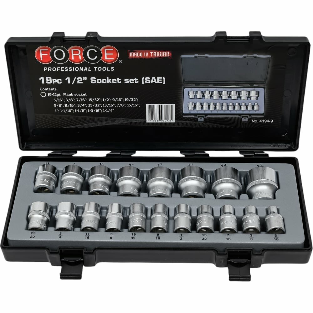 Набор 12 гранных дюймовых головок, 1/2", 19 шт. FORCE 4194-9