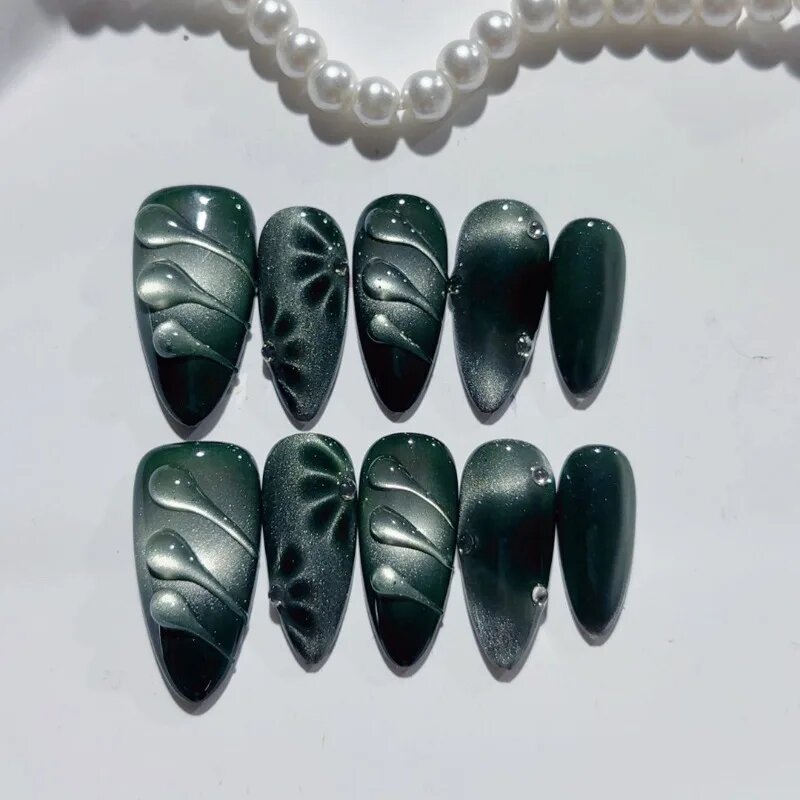Новинка, 10 шт, носимые миндалевидные ногти INS, черные стереоскопические французские ногти «кошачий глаз», накладные ногти с клеем, 3D жидкие металлические накладные ногти