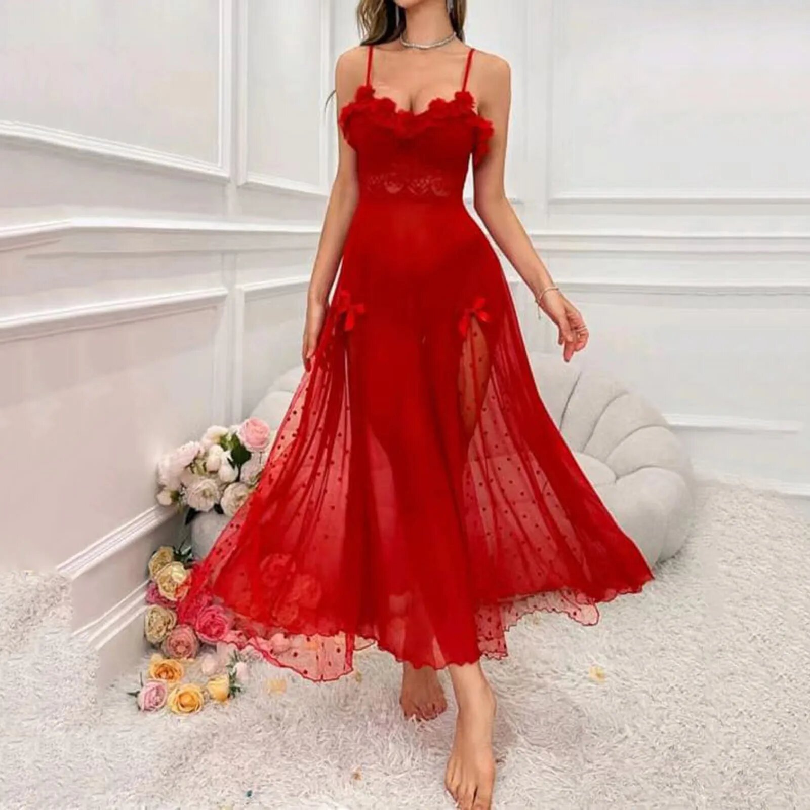 Красное кружевное платье макси, L