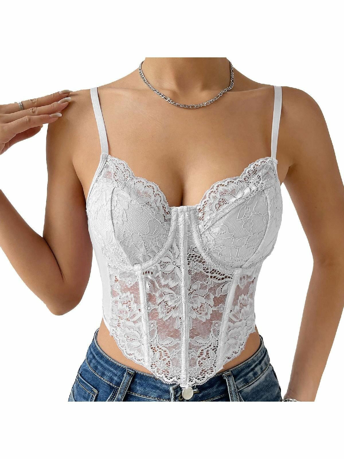 Женский цветочный кружевной корсетный топ, Белый - M