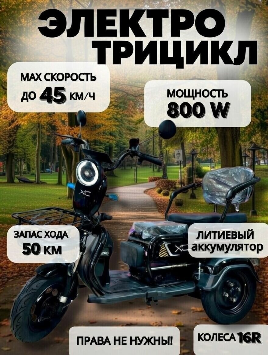 Грузовой электротрицикл с багажником, мотор 800W, скорость до 50 км/ч