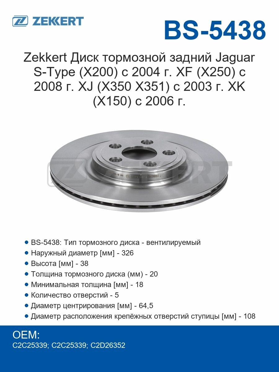 Zekkert Диск тормозной задний Jaguar S-Type (X200) с 2004 г. XF (X250) с 2008 г. XJ (X350 X351) с 2003 г. XK (X150) с 2006 г.