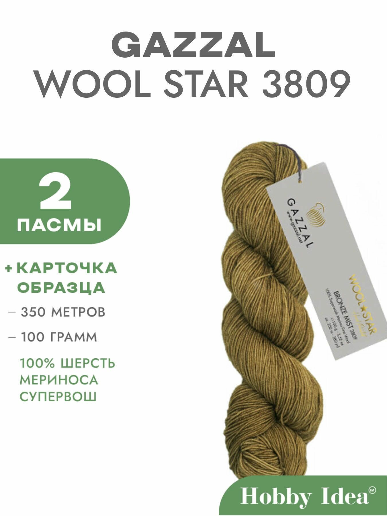 Пряжа Gazzal Wool Star 3809 Оливковый 2 пасмы (Мериносовая пряжа в пасмах Газзал Вул Стар)