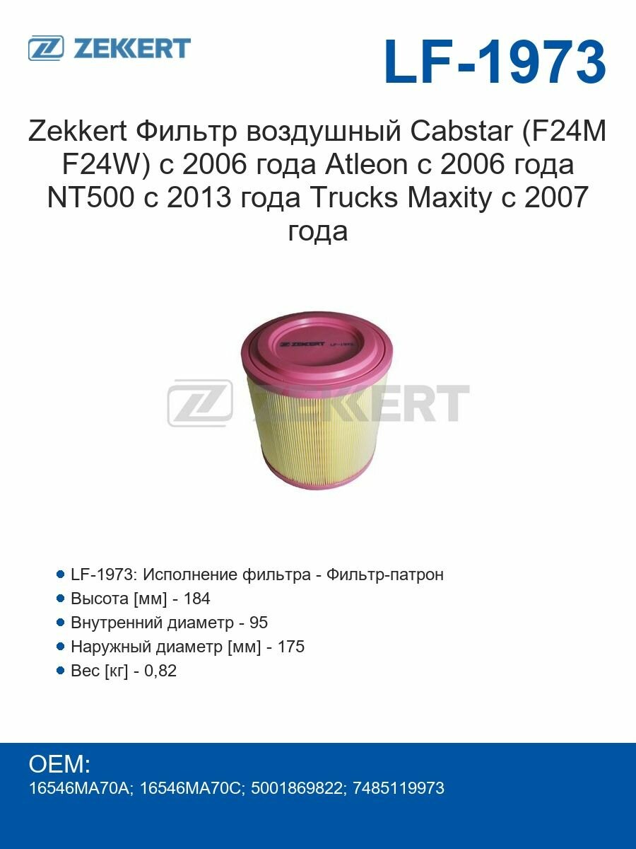 Zekkert Фильтр воздушный Cabstar (F24M F24W) с 2006 года Atleon с 2006 года NT500 с 2013 года Trucks Maxity с 2007 года